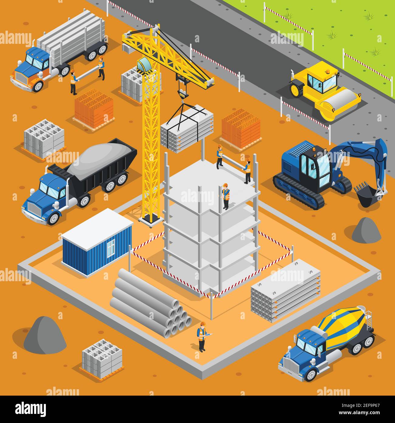 Construction isometric composition with building under construction ...