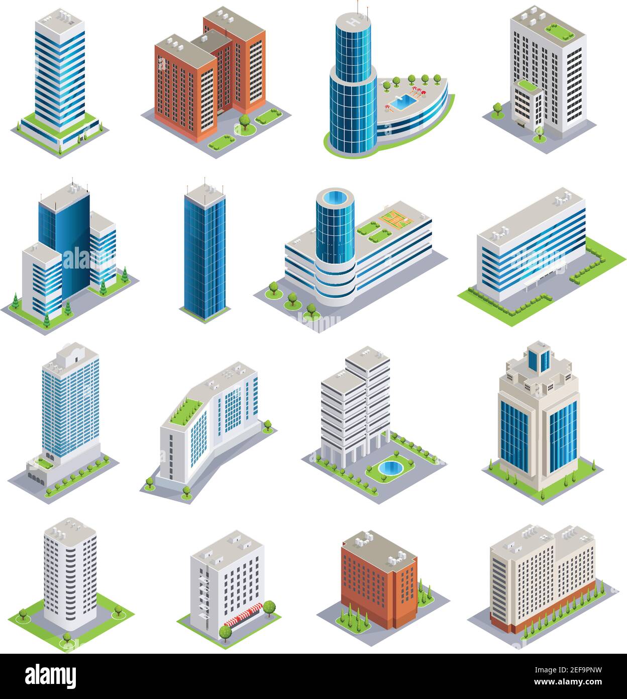Set of isometric buildings including modern skyscrapers from glass and concrete and multistory ...