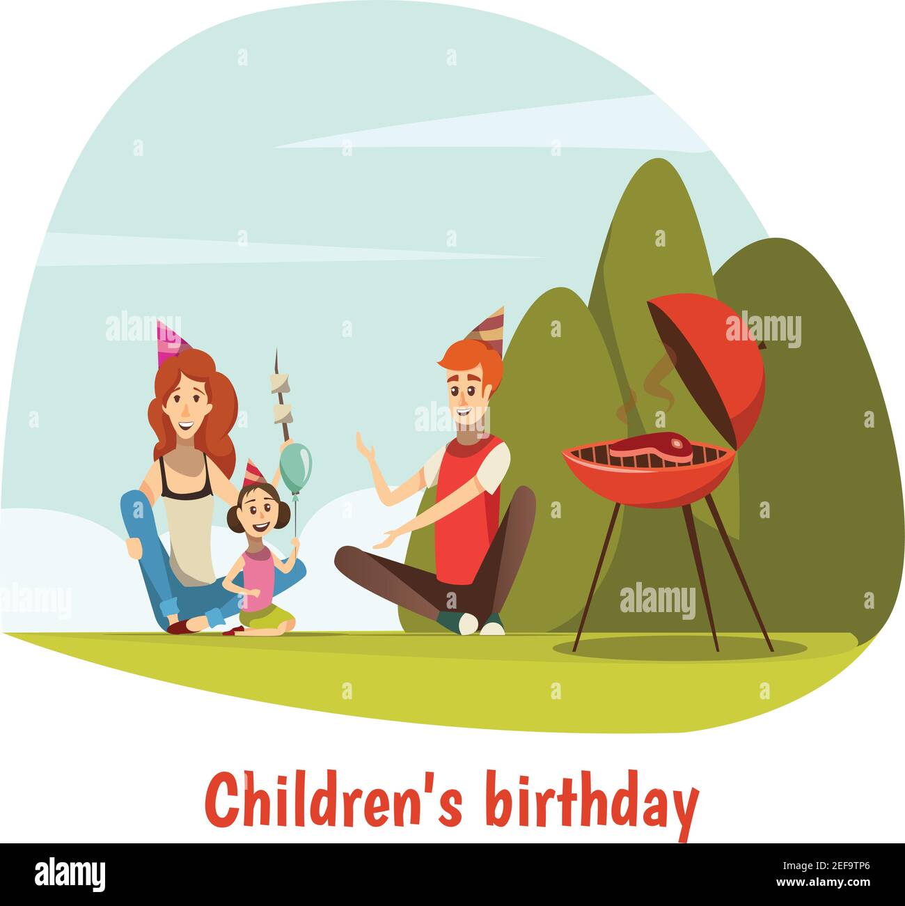 Kids birthday celebration composition with nature and barbecue cartoon ...