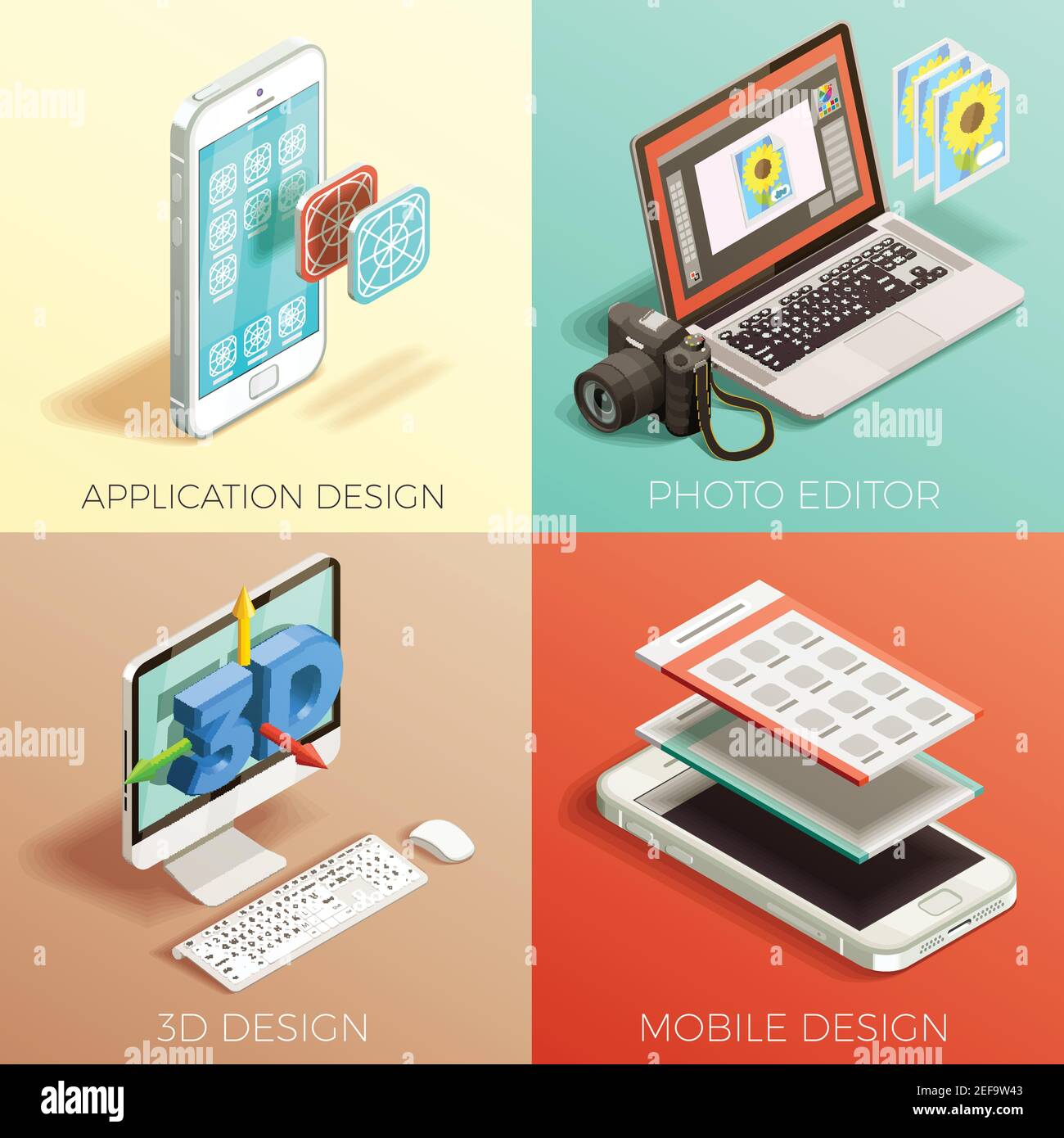Isometric 2x2 concept set of various kinds of graphic design on ...