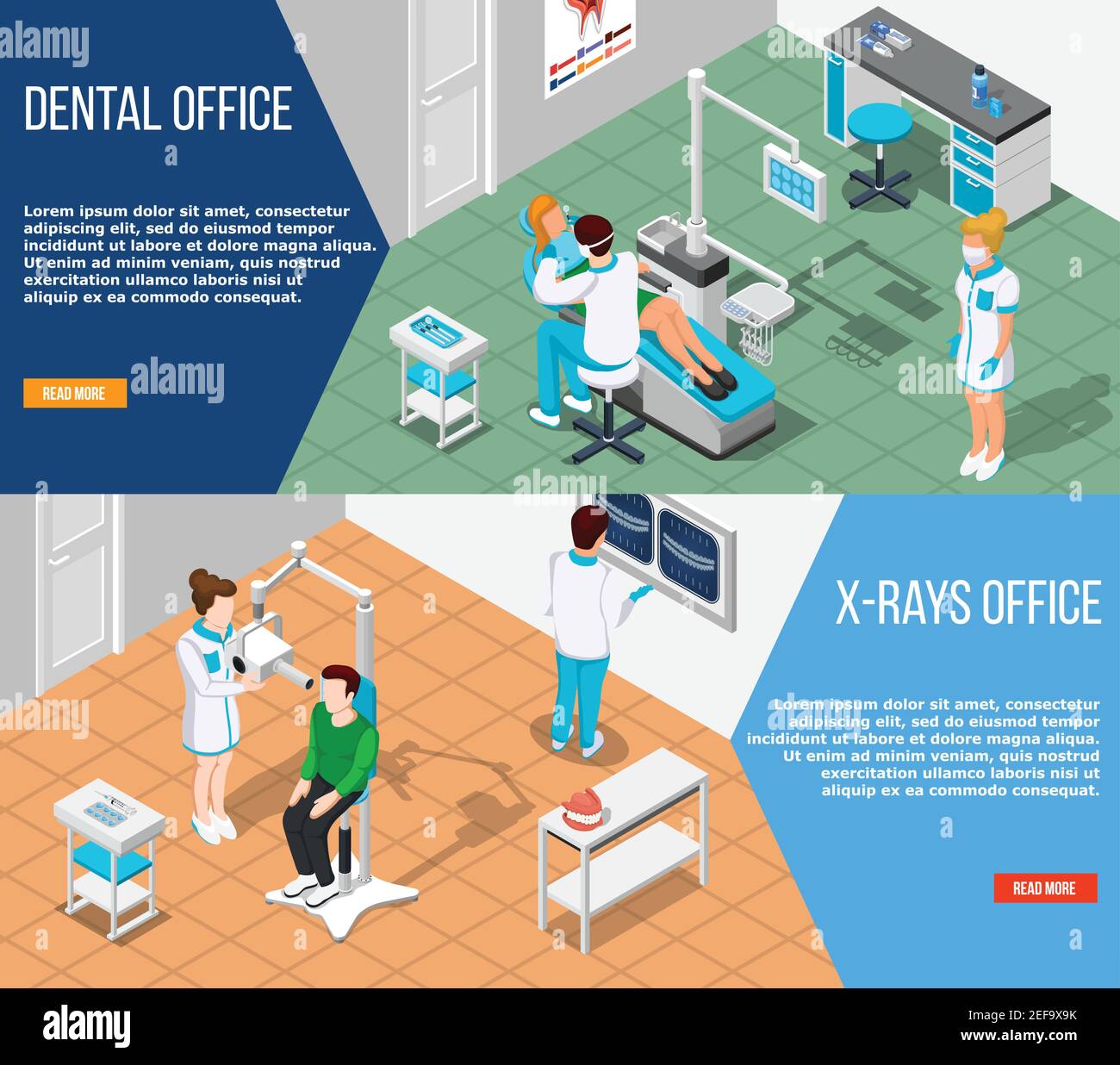 Dentist horizontal banners set with isometric indoor compositions of ...
