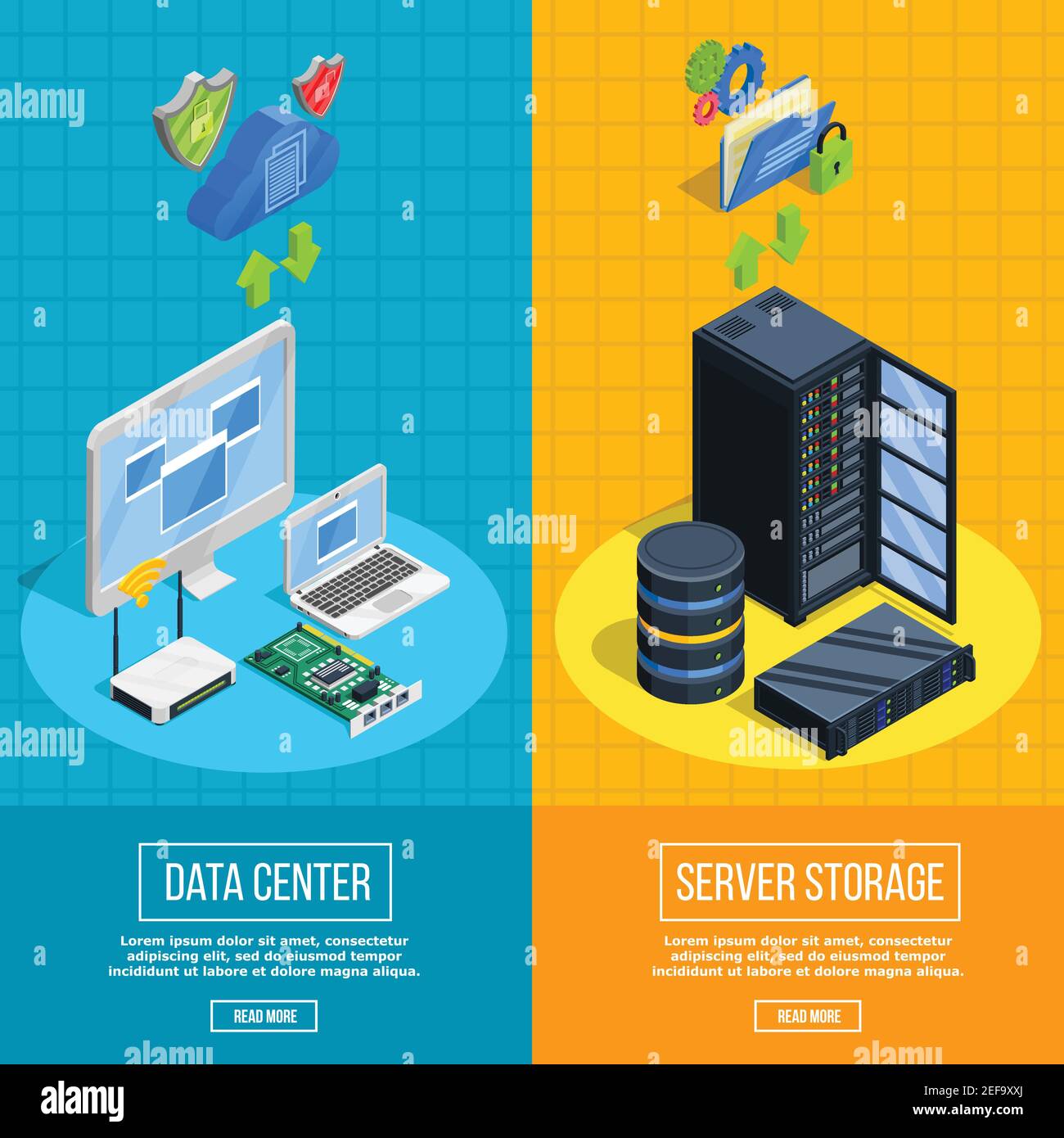 Set of two vertical datacenter banners with isometric client and server ...