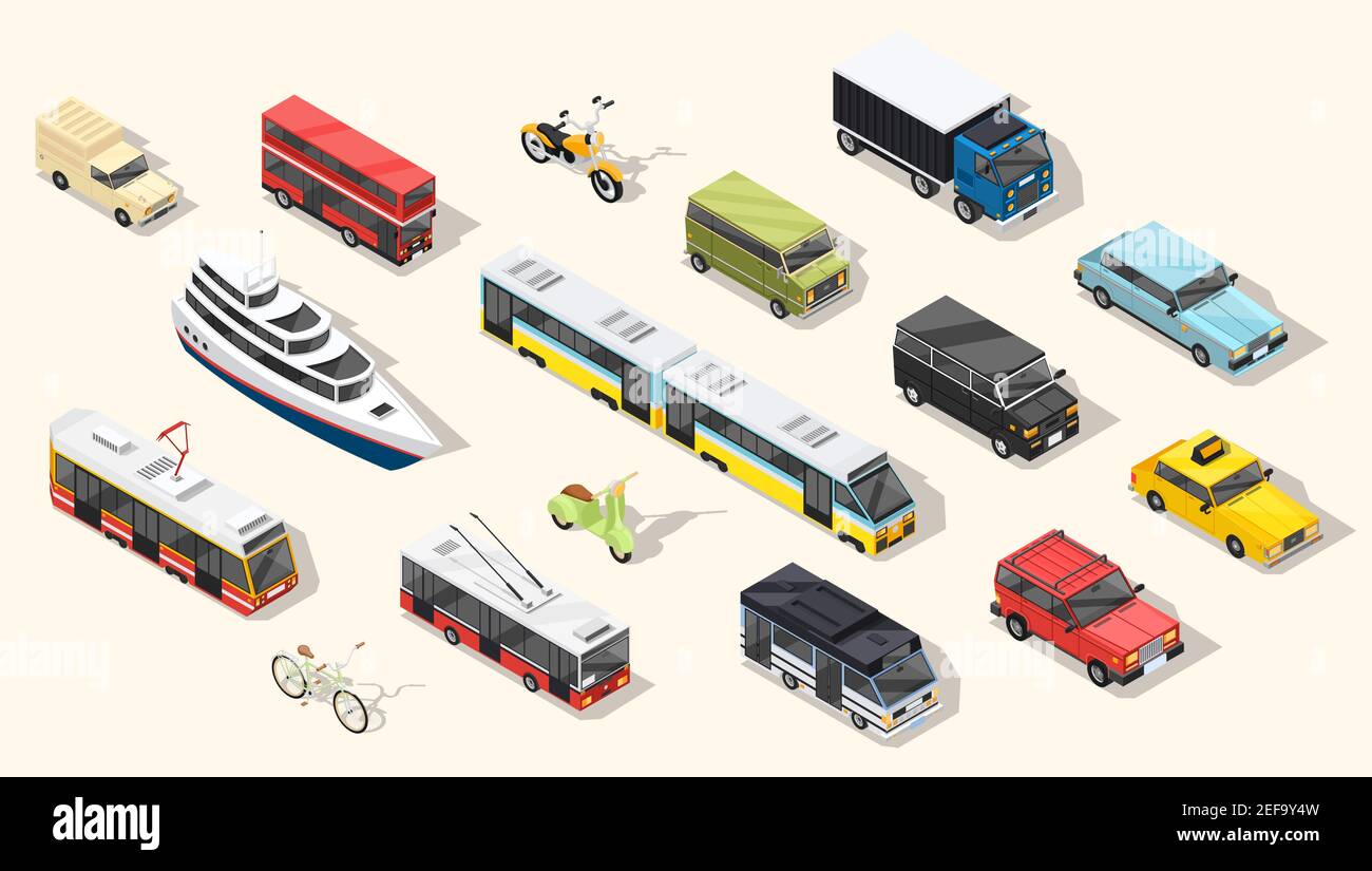Transport isometric set of isolated urban transportation vehicles ...