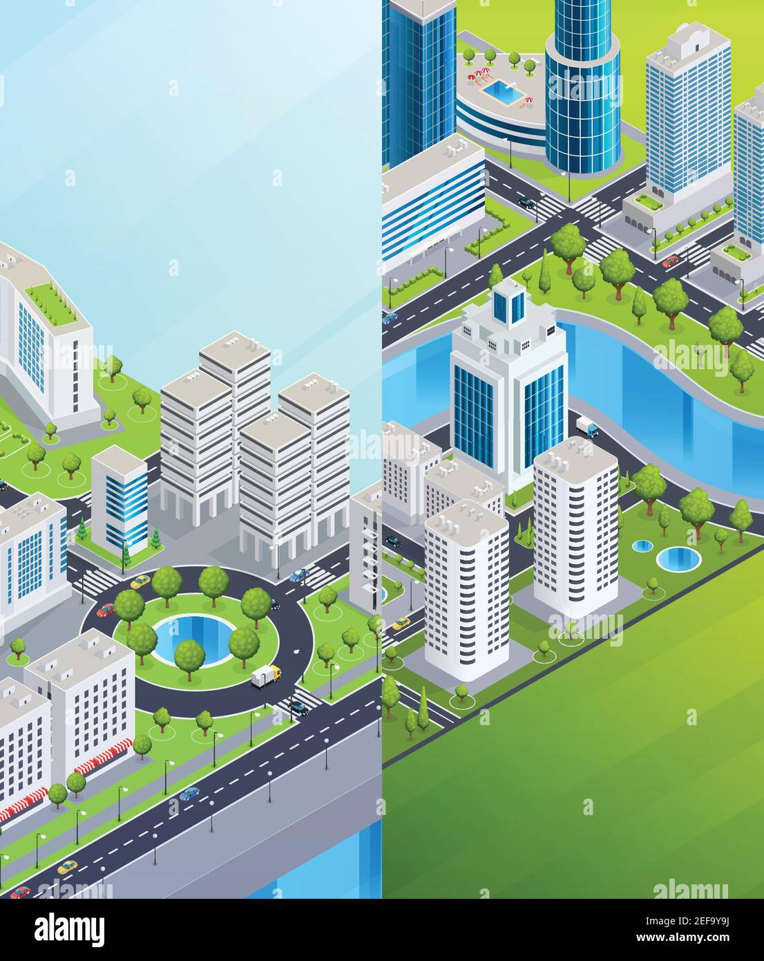City infrastructure isometric vertical banners with business ...