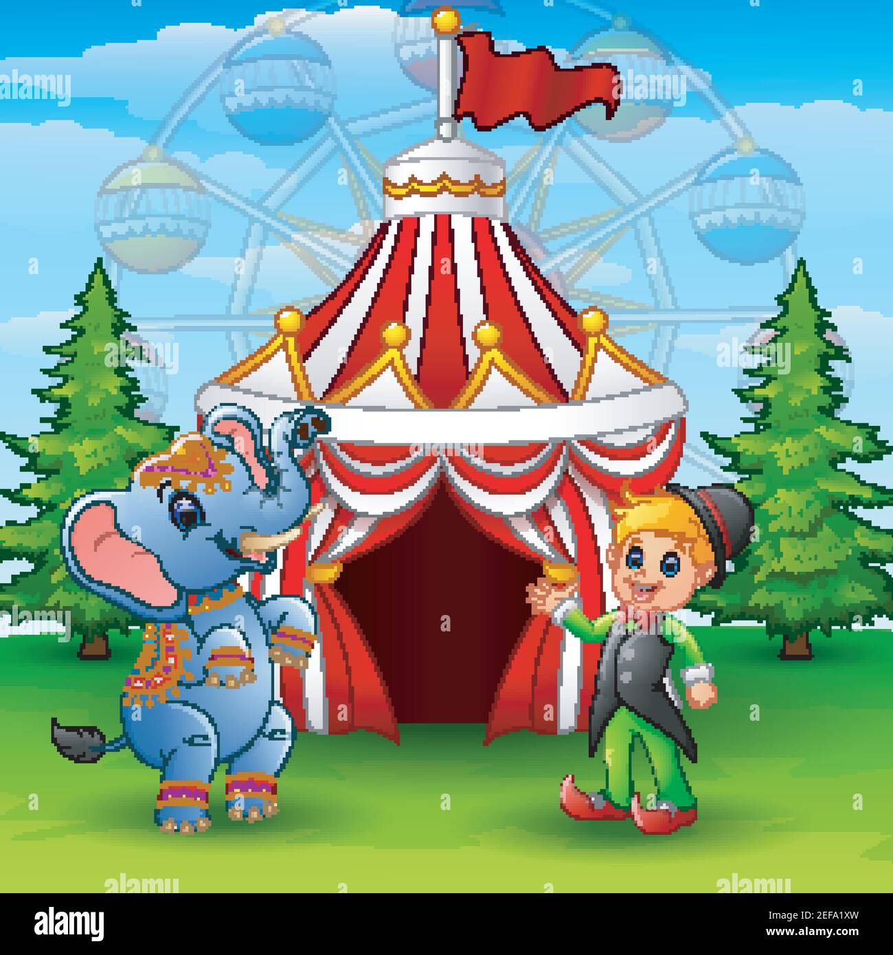 Vector illustration of Circus elephant and green elf on the circus tent ...
