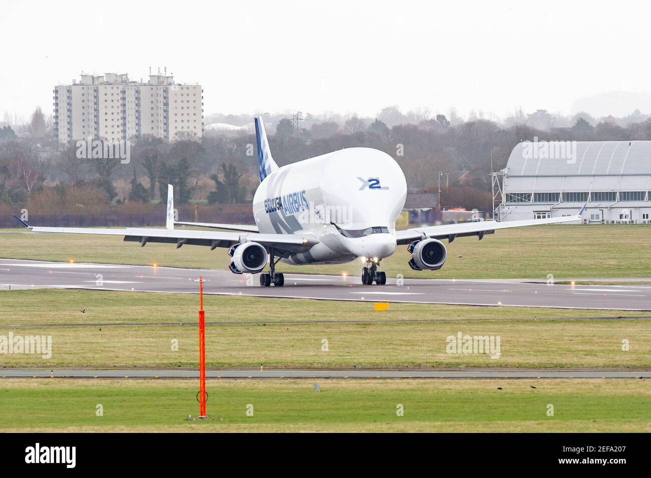 Saltney Ferry, UK. 17th Feb, 2021. Beluga XL2 comes in to land at ...