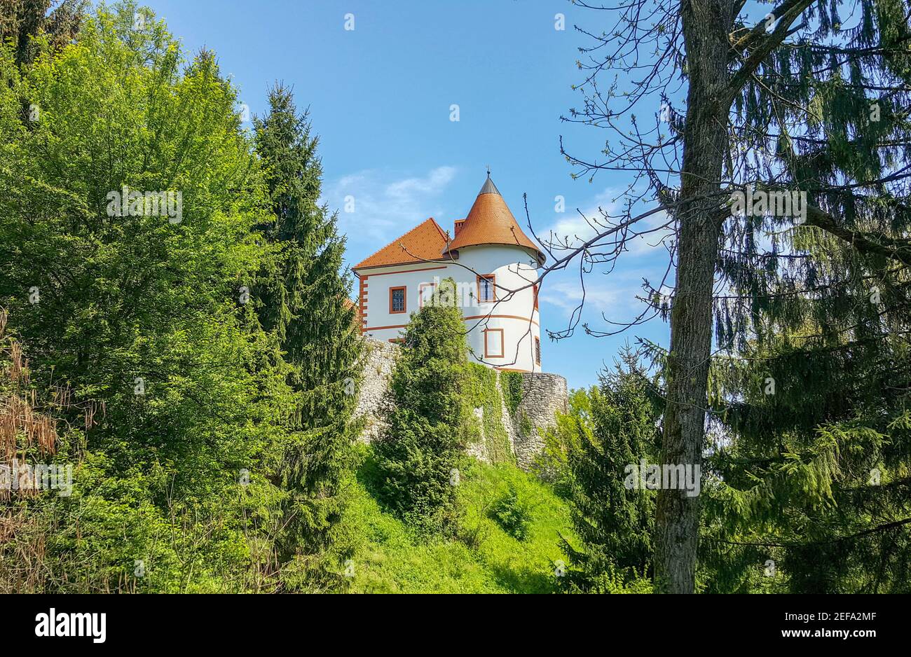 Amazing medieval castle in spring. Top of hill, sunny day, landmark ...