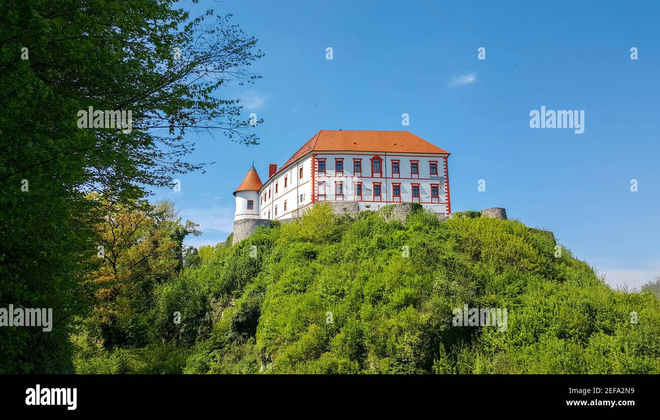 Amazing medieval castle in spring. Top of hill, sunny day, landmark ...