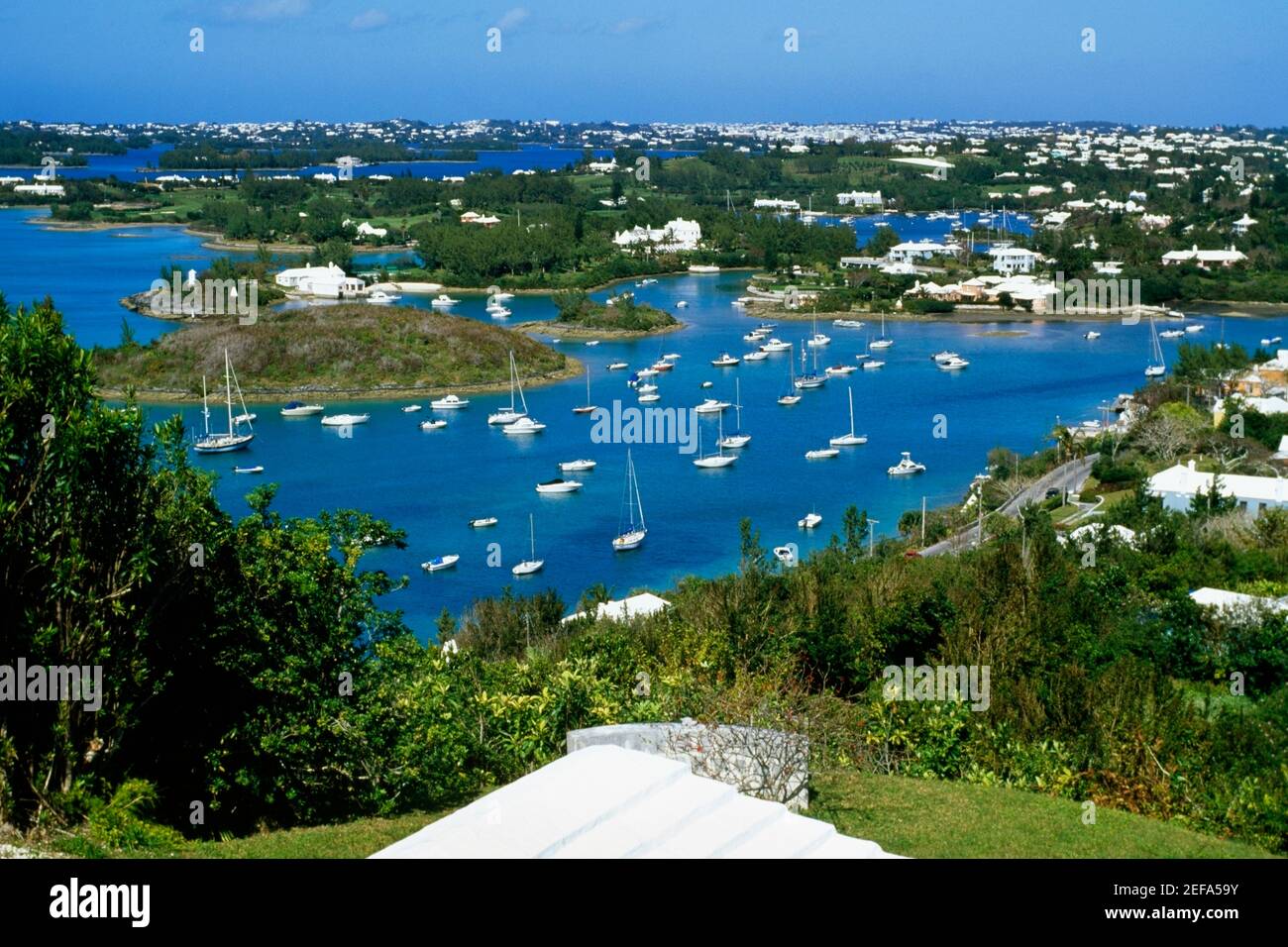 High angle view of sailboats from Gibbs lighthouse, Bermuda Stock Photo ...
