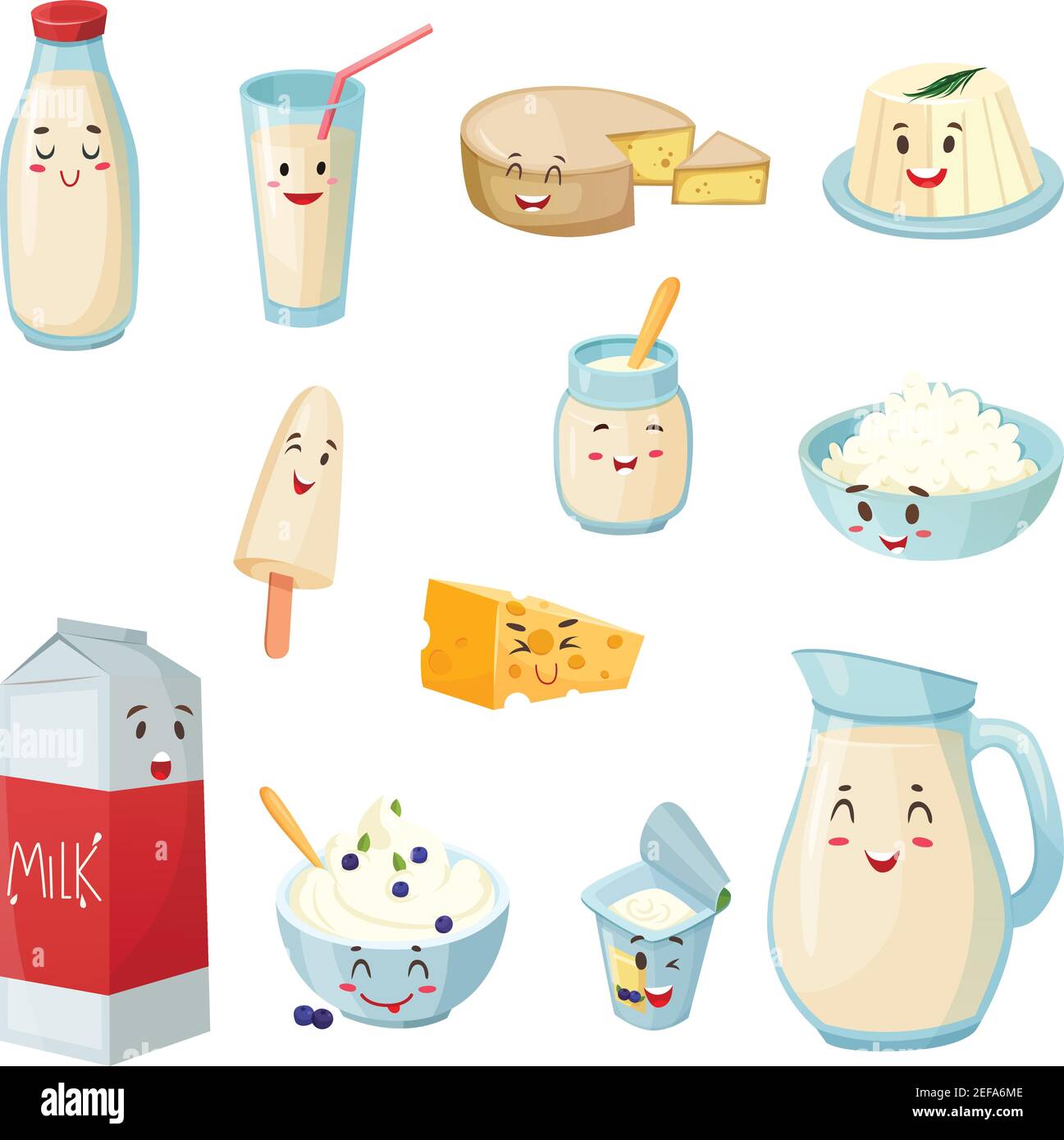 Set of milk products with smiles including cheese curd yogurt ice cream ...