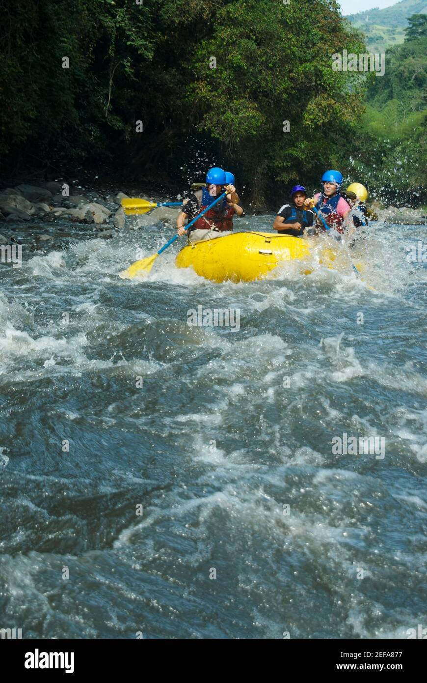 Five people rafting in a river Stock Photo - Alamy