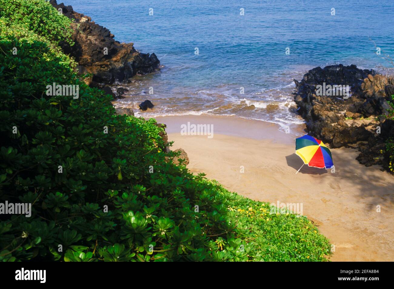 High angle view of a beach umbrella on the beach, Hawaii, USA Stock ...