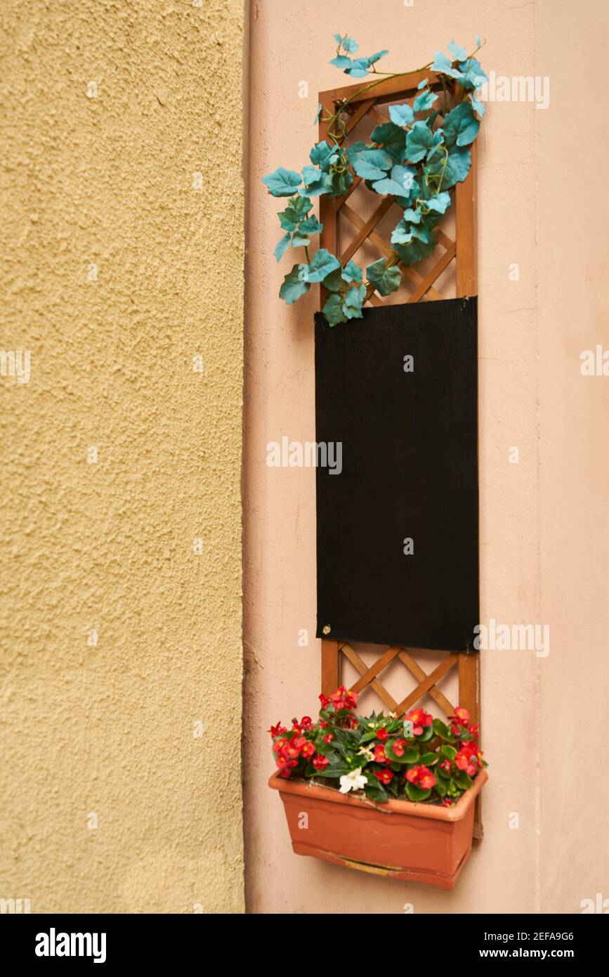 Empty chalk board on flower box as a mock-up template for restaurant or ...