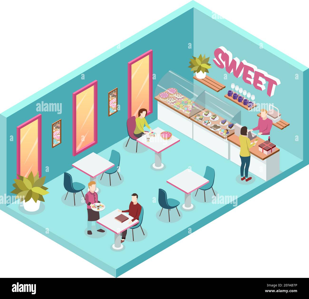 Sweet shop inside with waiters and consumers, counter, showcases with ...