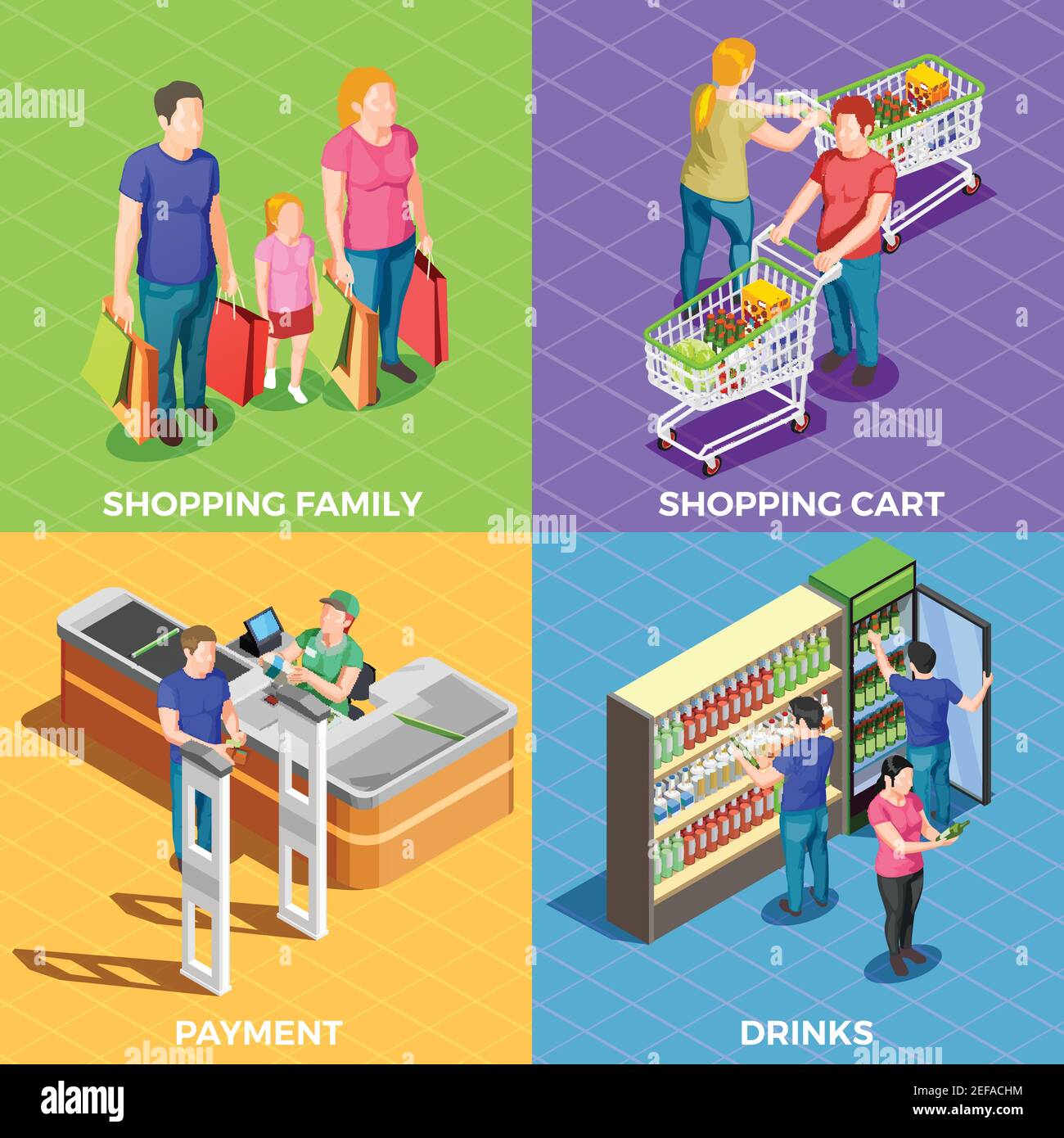 Male and female people doing shopping in supermarket 2x2 design concept ...