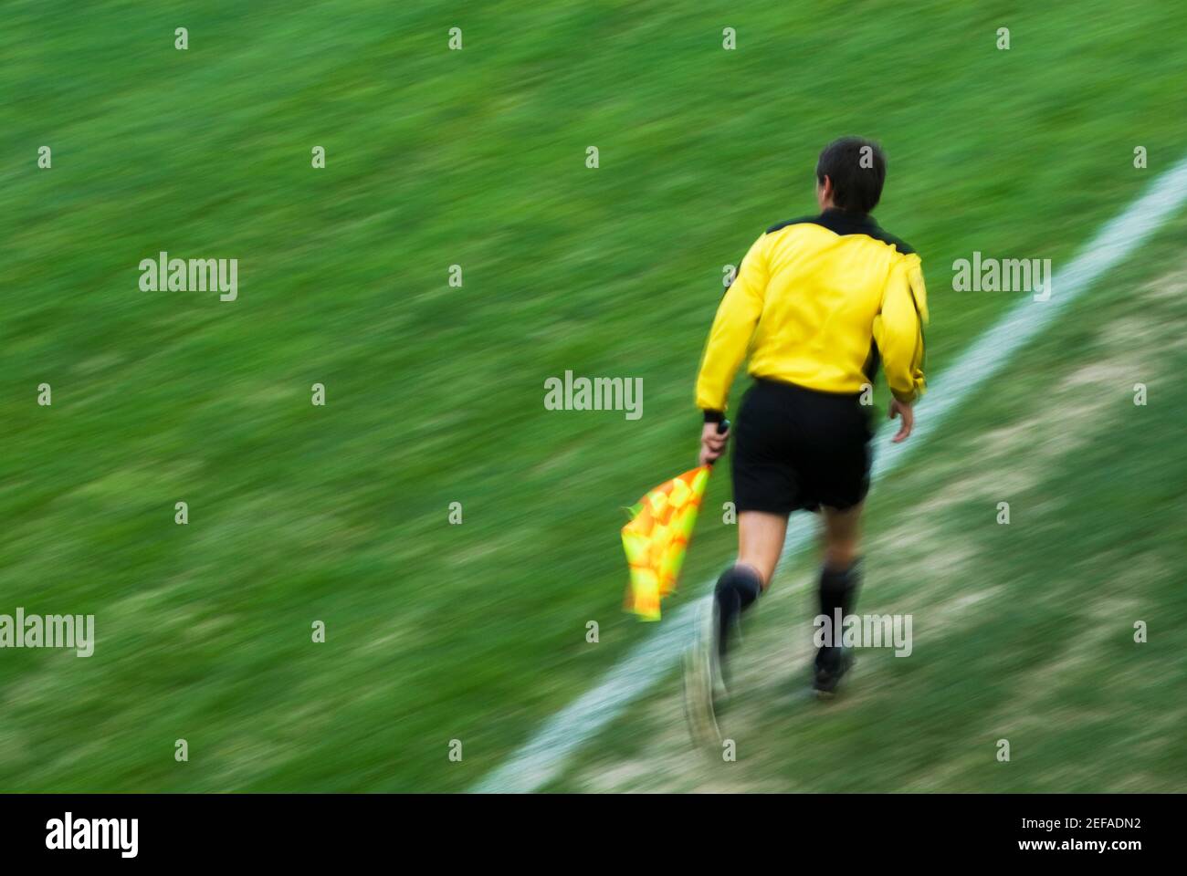 Rear view of a referee running on a football pitch Stock Photo - Alamy
