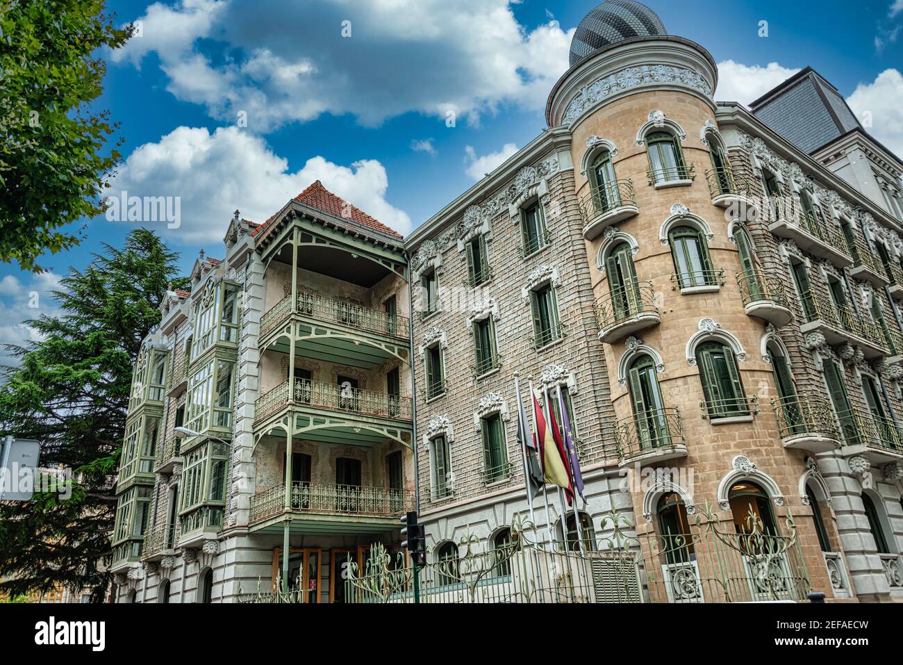 Traditional residential buildings in the old town of Pamplona, the ...