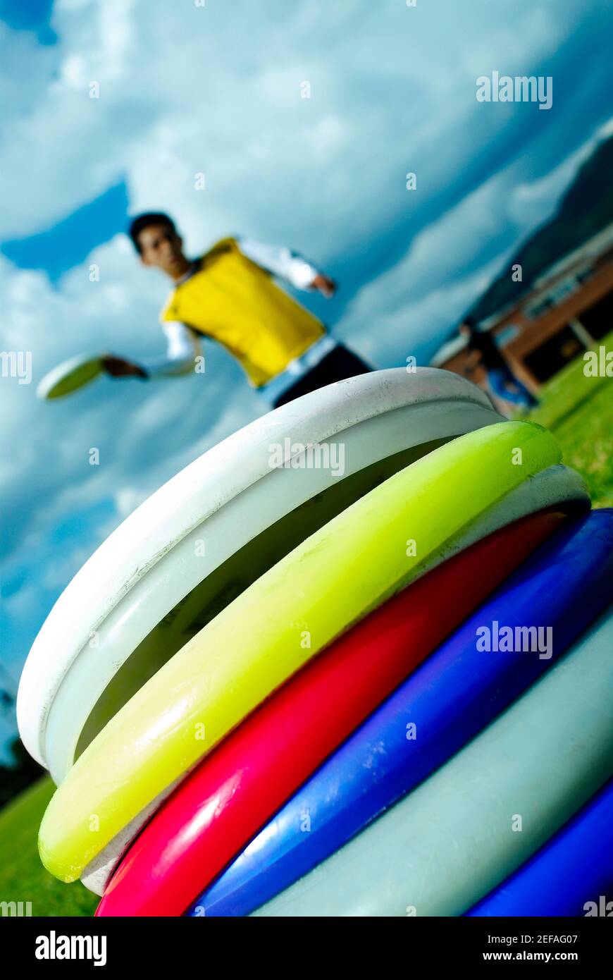 Close up of stack of plastic discs Stock Photo - Alamy