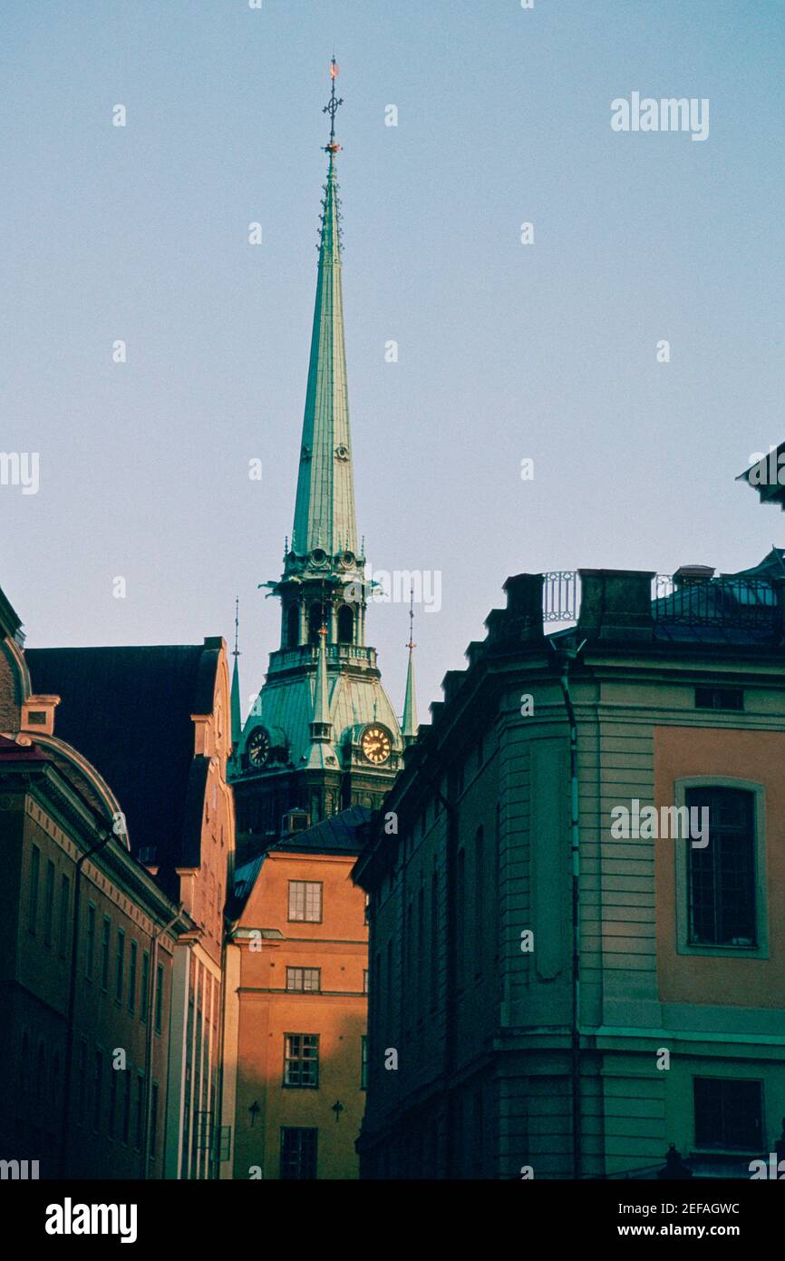 Low angle view of the spire of a church, Stockholm, Sweden Stock Photo ...