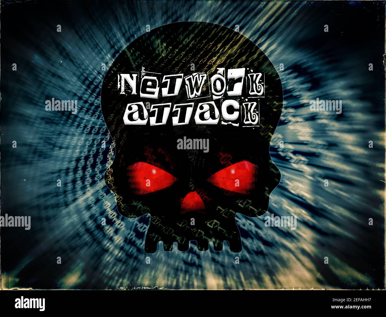 Network Attack, Black Skull with Glowing red demonic eyes on a Binary ... Network Attack, Black Skull with Glowing red demonic eyes on a Binary ...