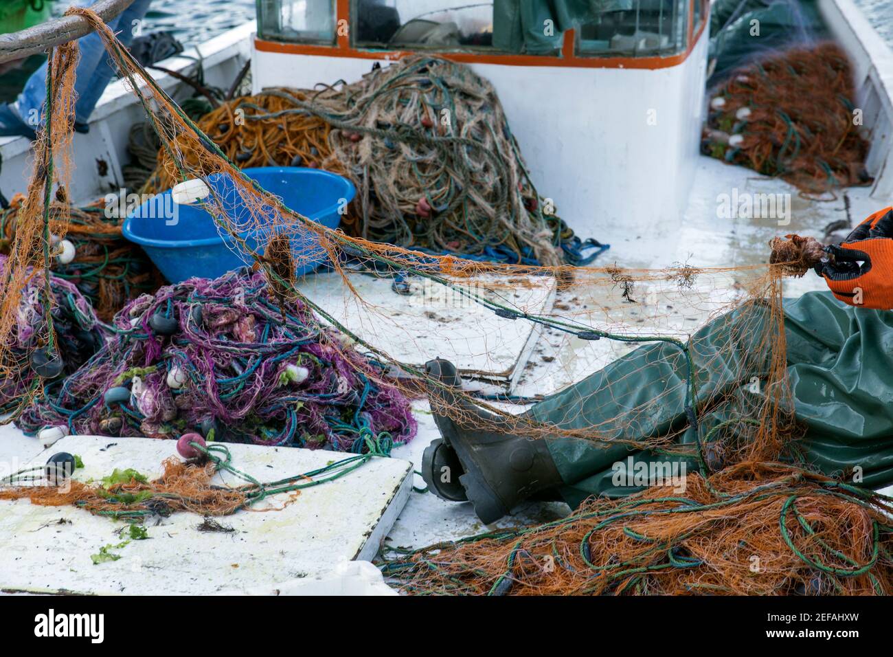 Fisherman working on the boating. Cleaning fish from the fish network ...