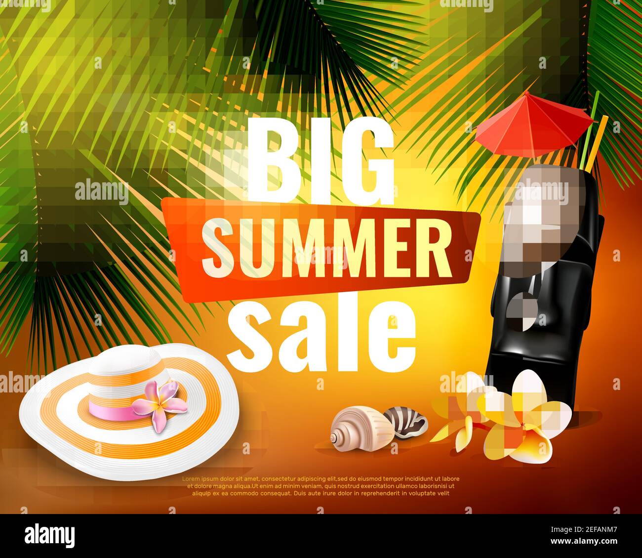 Hawaiian summer sale poster with hat, shells, tiki mug, flowers, palm ...