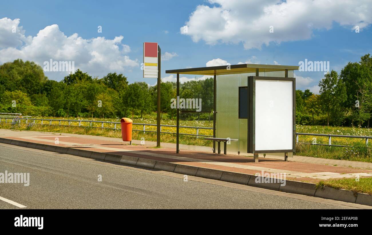 Empty bus stop with bus shelter and advertising poster template mock-up ...