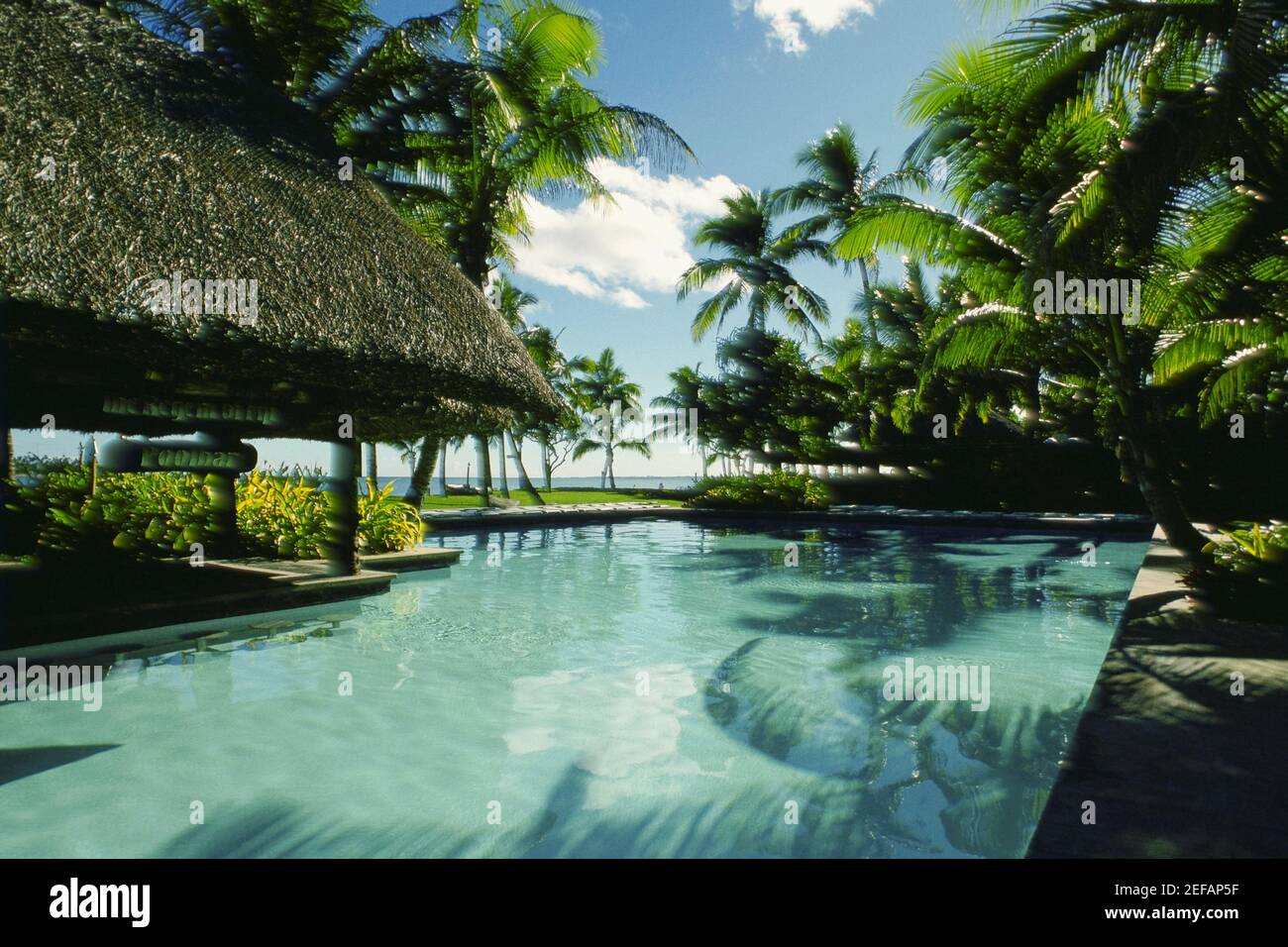 Swimming pool in front of stilt houses, Fiji Stock Photo - Alamy