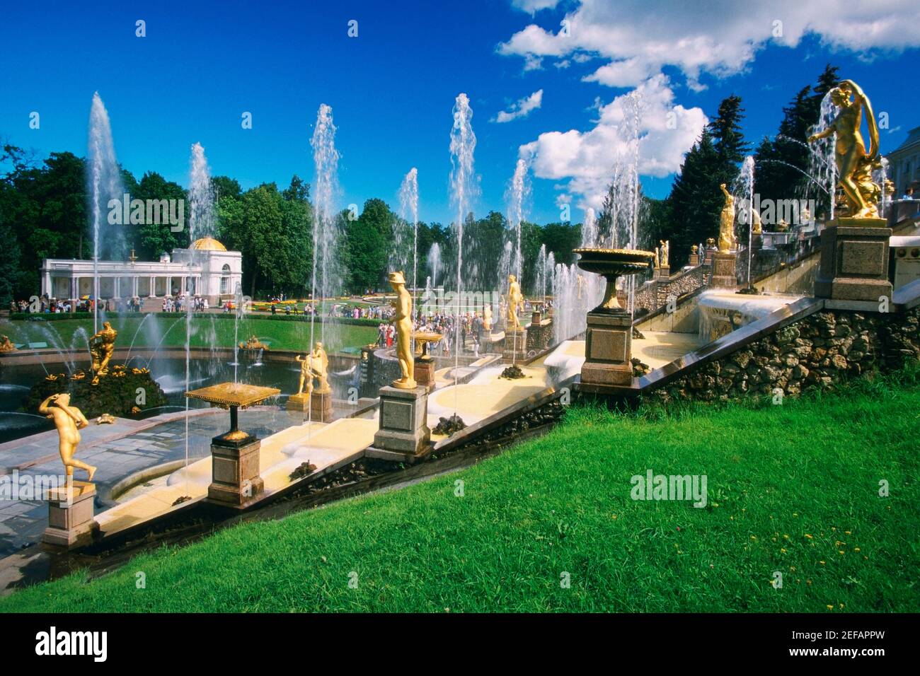 Fountains in the garden of a palace, Peterhof Grand Palace, St ...