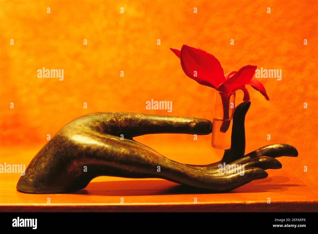 Close-up of a sculpture of a human hand holding massage oil, Koh Samui ...