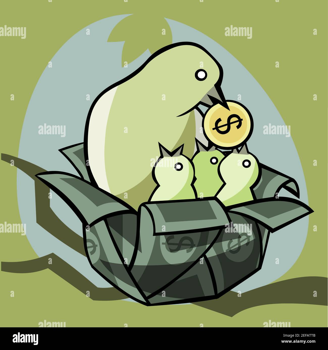 Close-up of a bird feeding its young with a dollar coin in a nest made ...