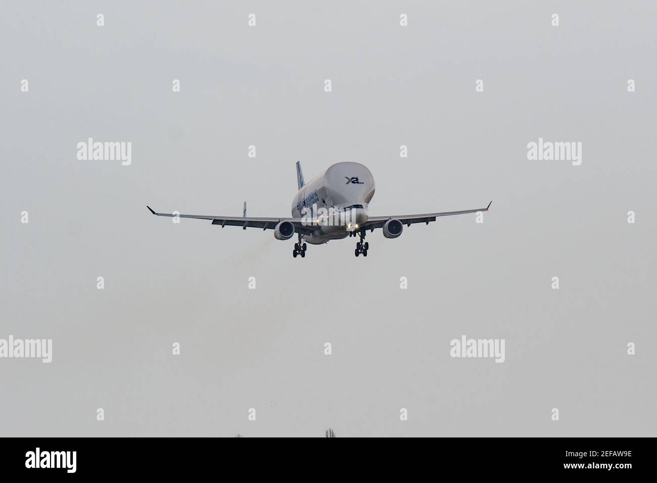 Saltney Ferry, UK. 17th Feb, 2021. Beluga XL2 comes in to land at ...