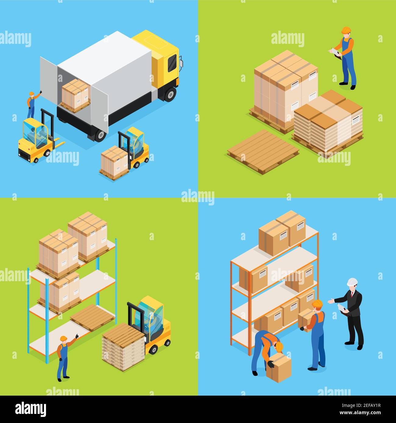 Warehouse isometric compositions including unloading cargo, inventory ...