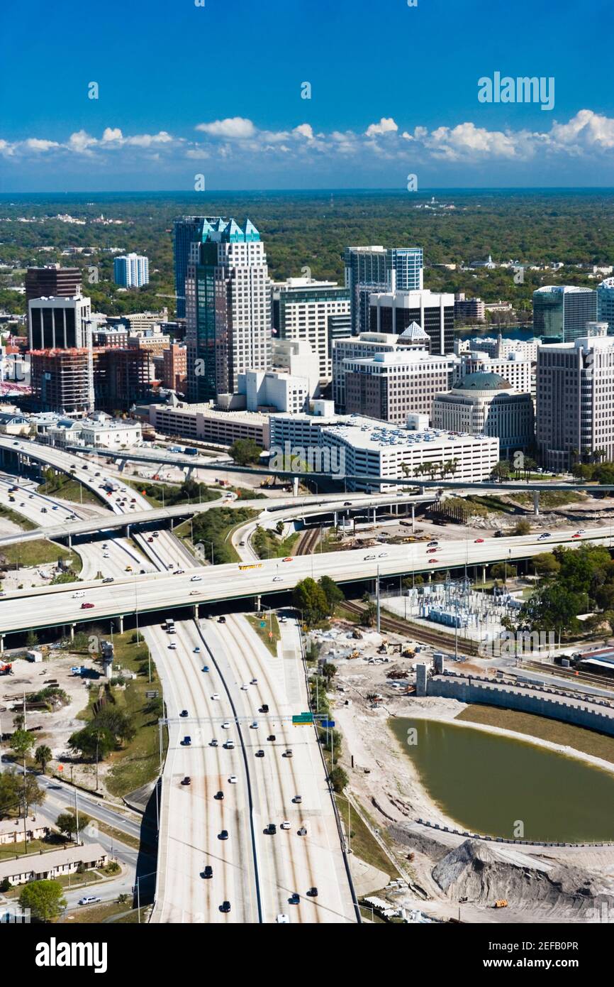 Aerial view of a multiple lane highway in a city, Interstate 4, Orlando ...