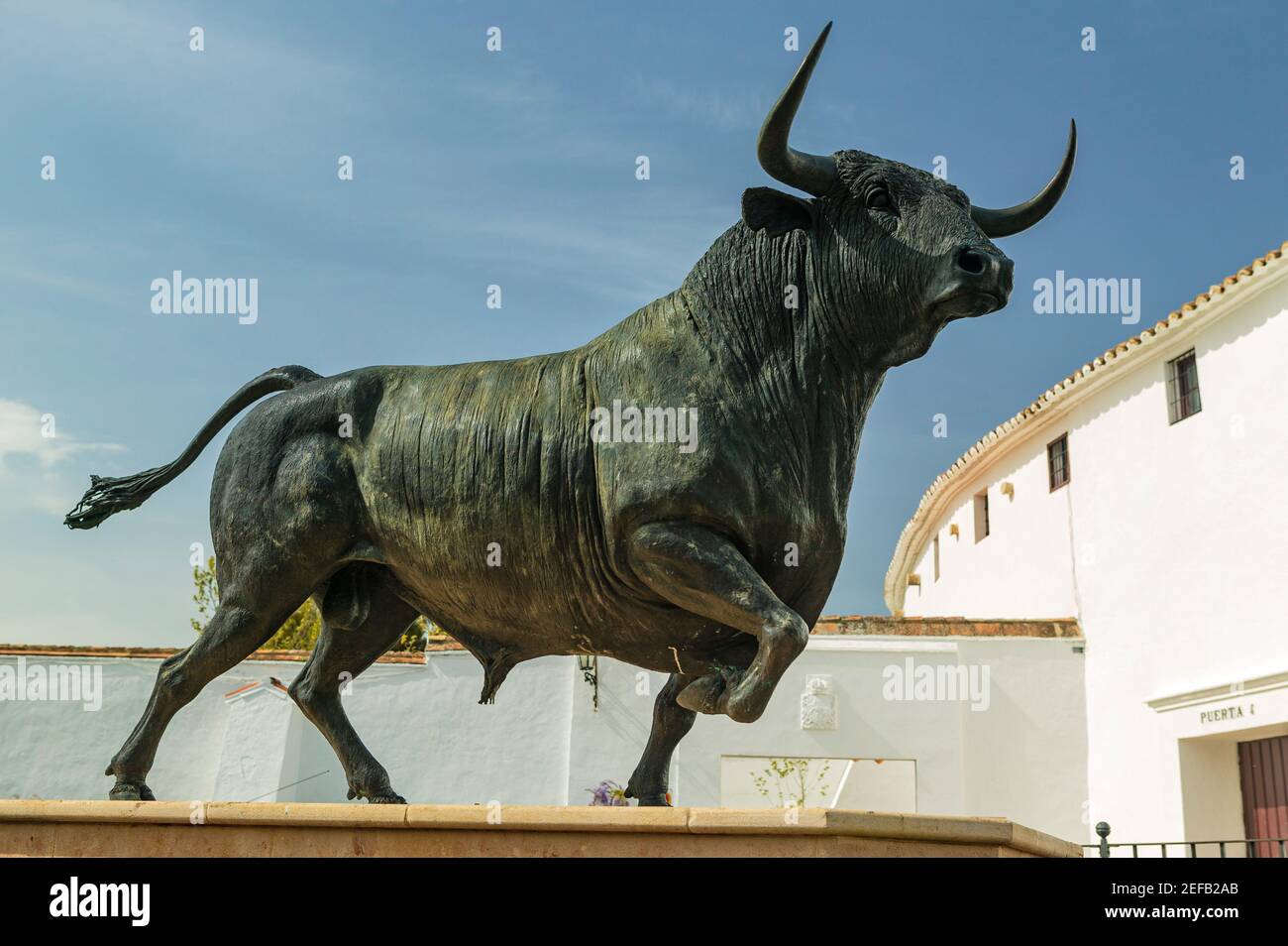 Statue of bull outside the Bullring, Ronda, Plaza de Torrez Andalucia ...