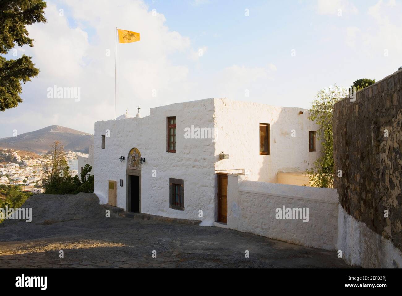 Flag on a monastery, Monastery of the Apocalypse, Patmos, Dodecanese ...