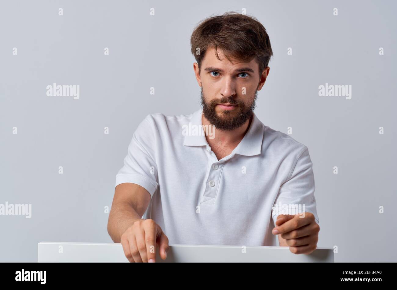 man in white shirt white banner poster advertising presentation Stock ...