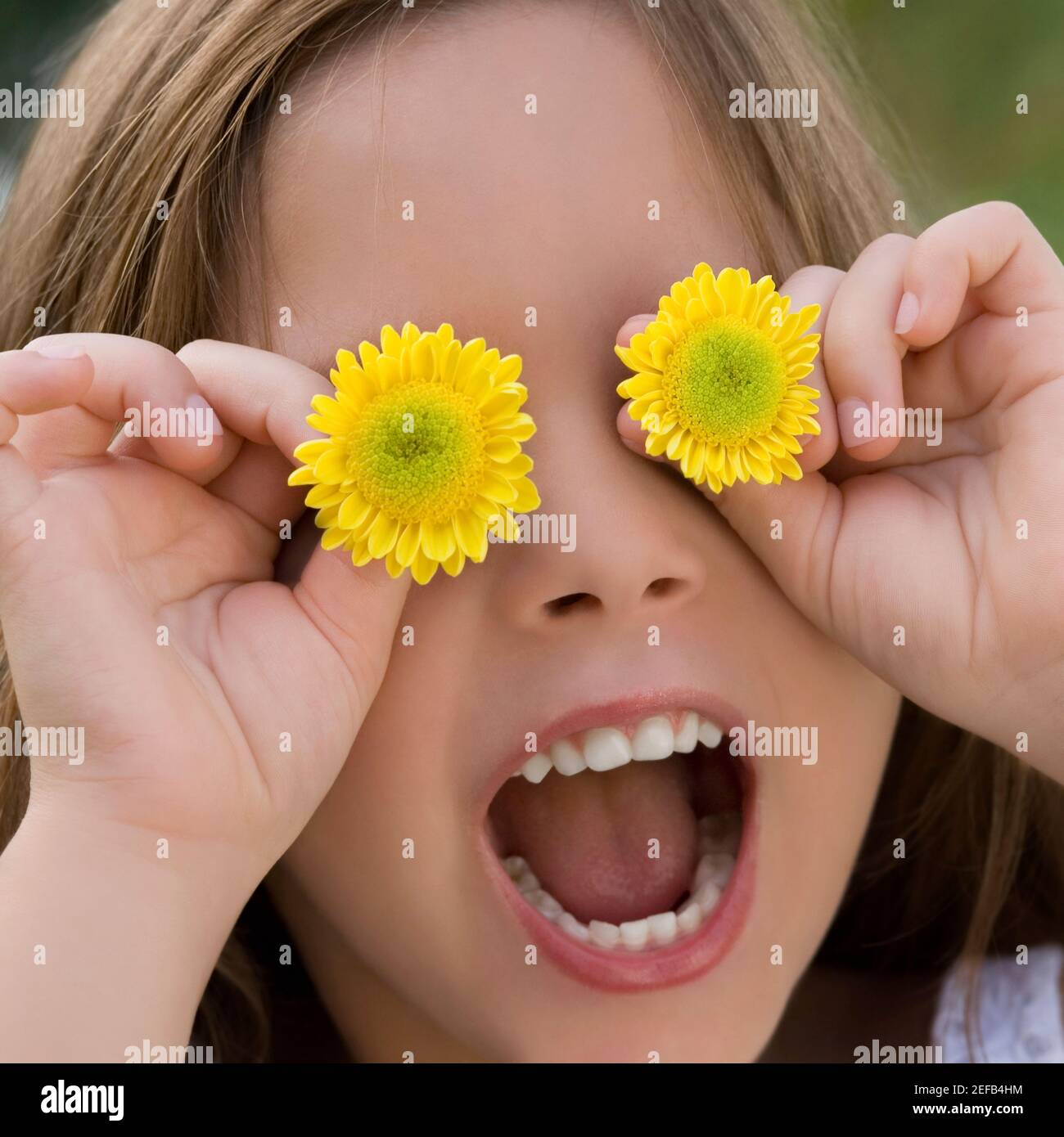 Close up of a girl holding flowers over her eyes Stock Photo - Alamy