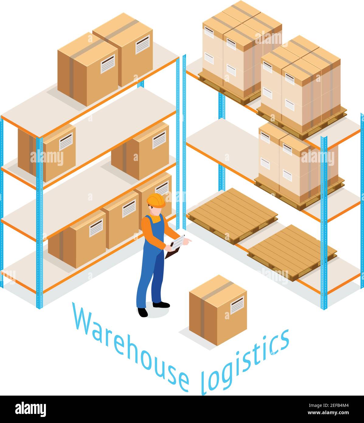 Warehouse logistics isometric design with worker doing inventory of ...