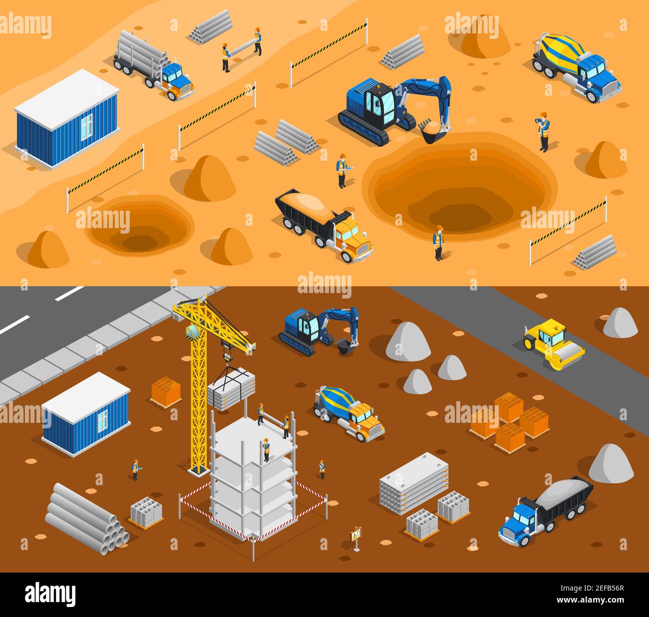 Construction set of two horizontal banners with isometric images of ...