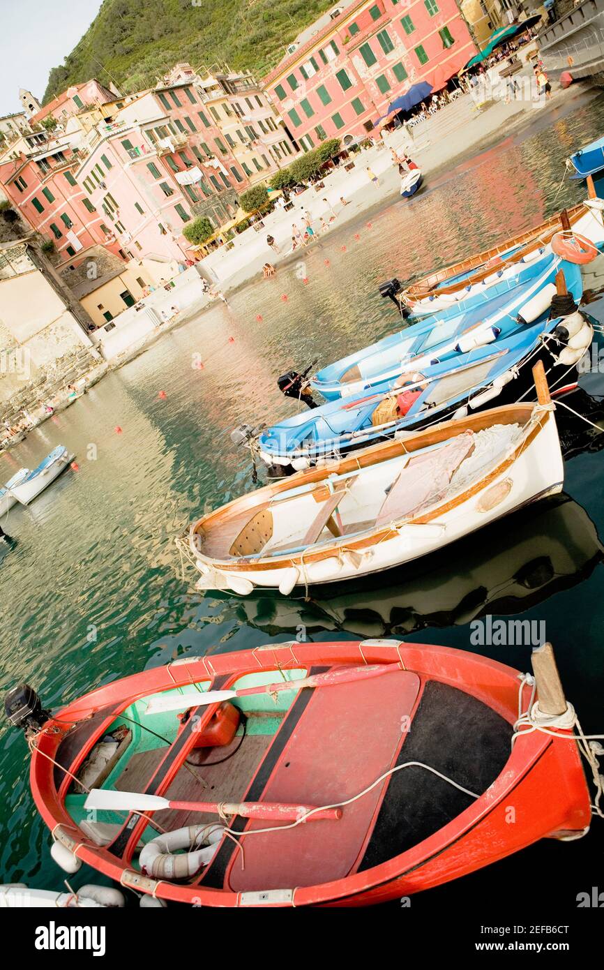 Boats docked at a port, Italian Riviera, Cinque Terre National Park ...