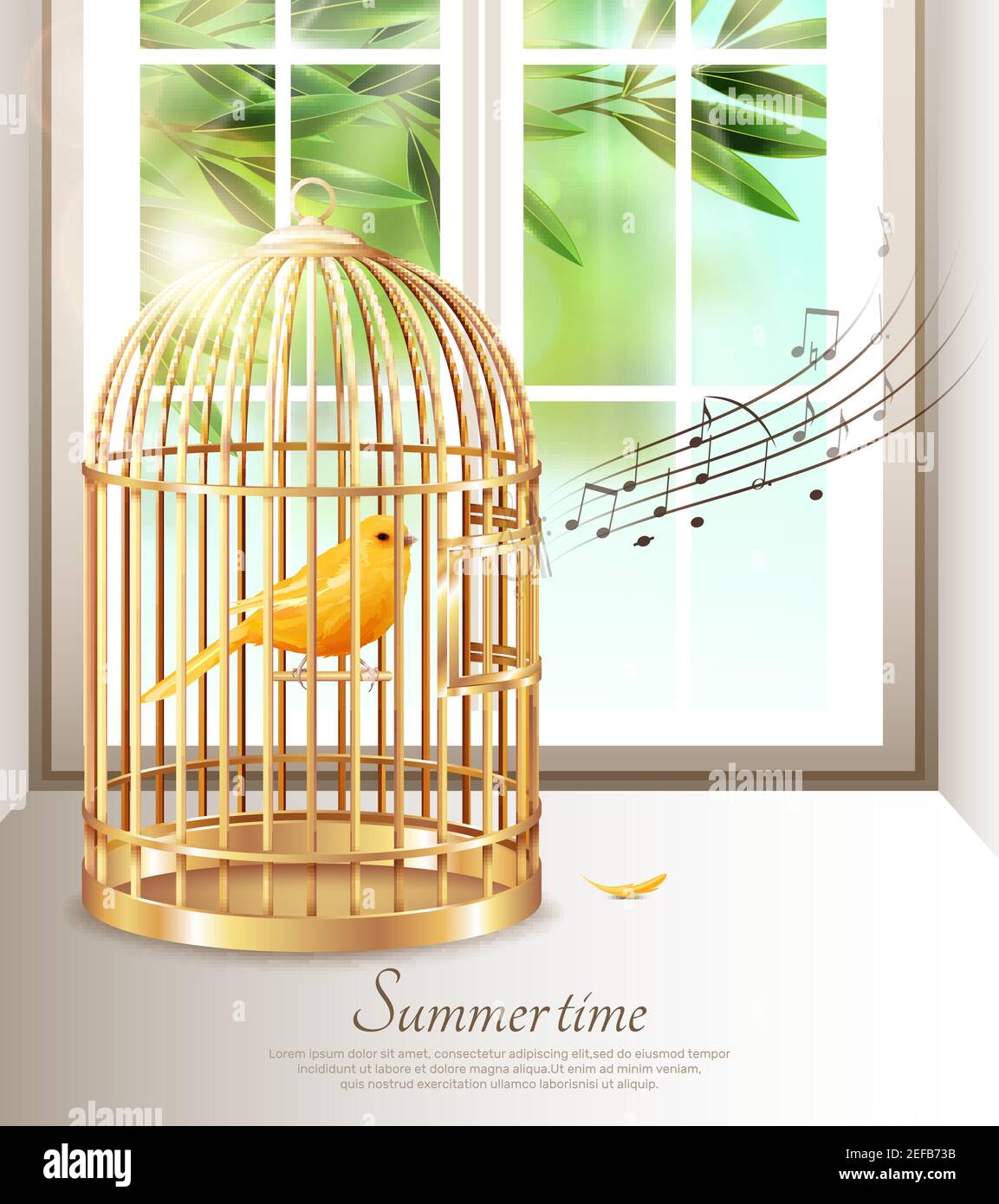 Canary singing in golden birdcage with music notes in summer time on ...