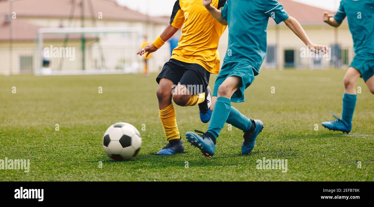 Running Footballers. Children Kicking Soccer School Tournament Match ...