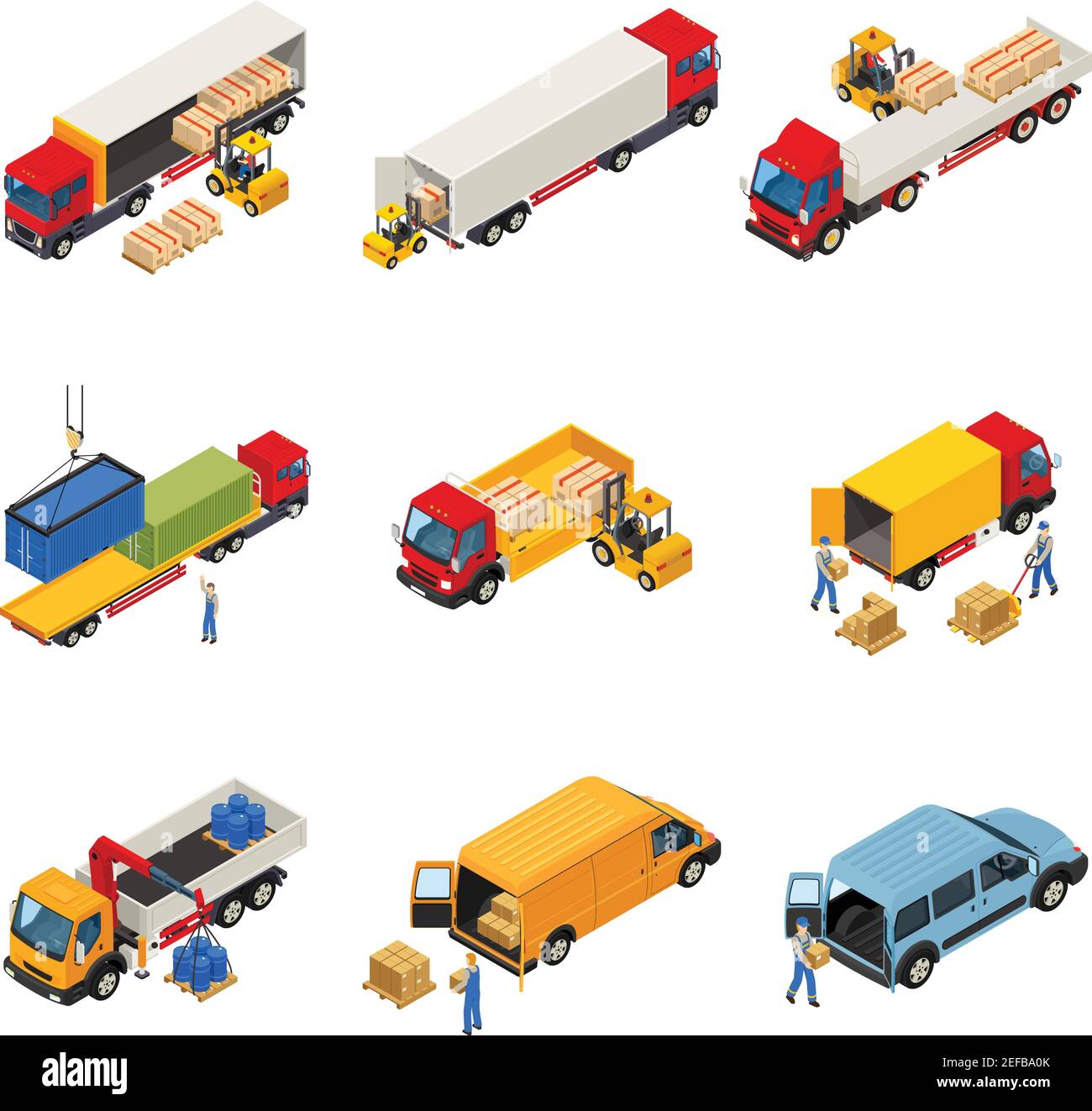 Truck isometric set with images of vehicular loading goods and ...
