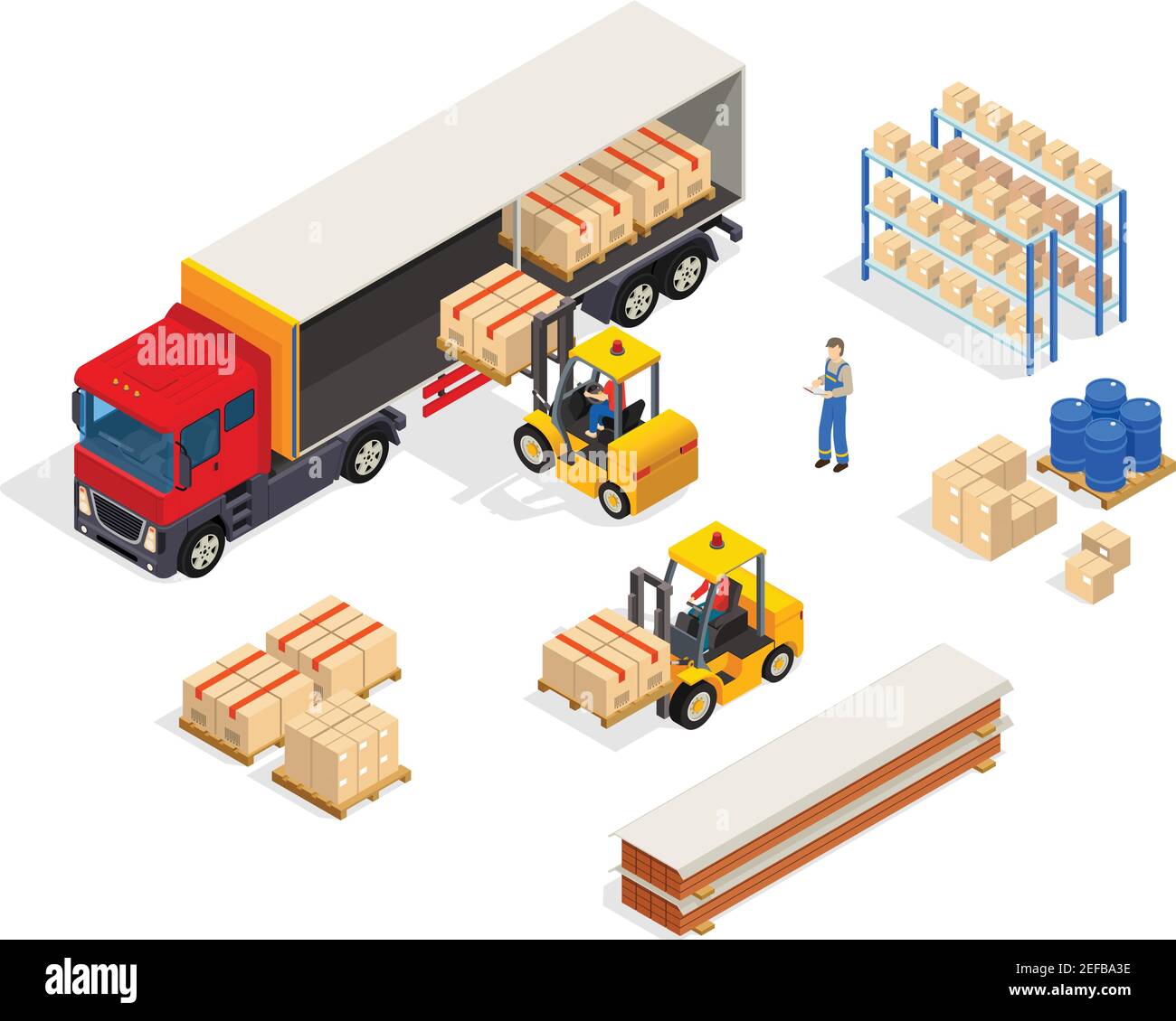 Warehouse truck isometric composition with manipulator carts loading ...