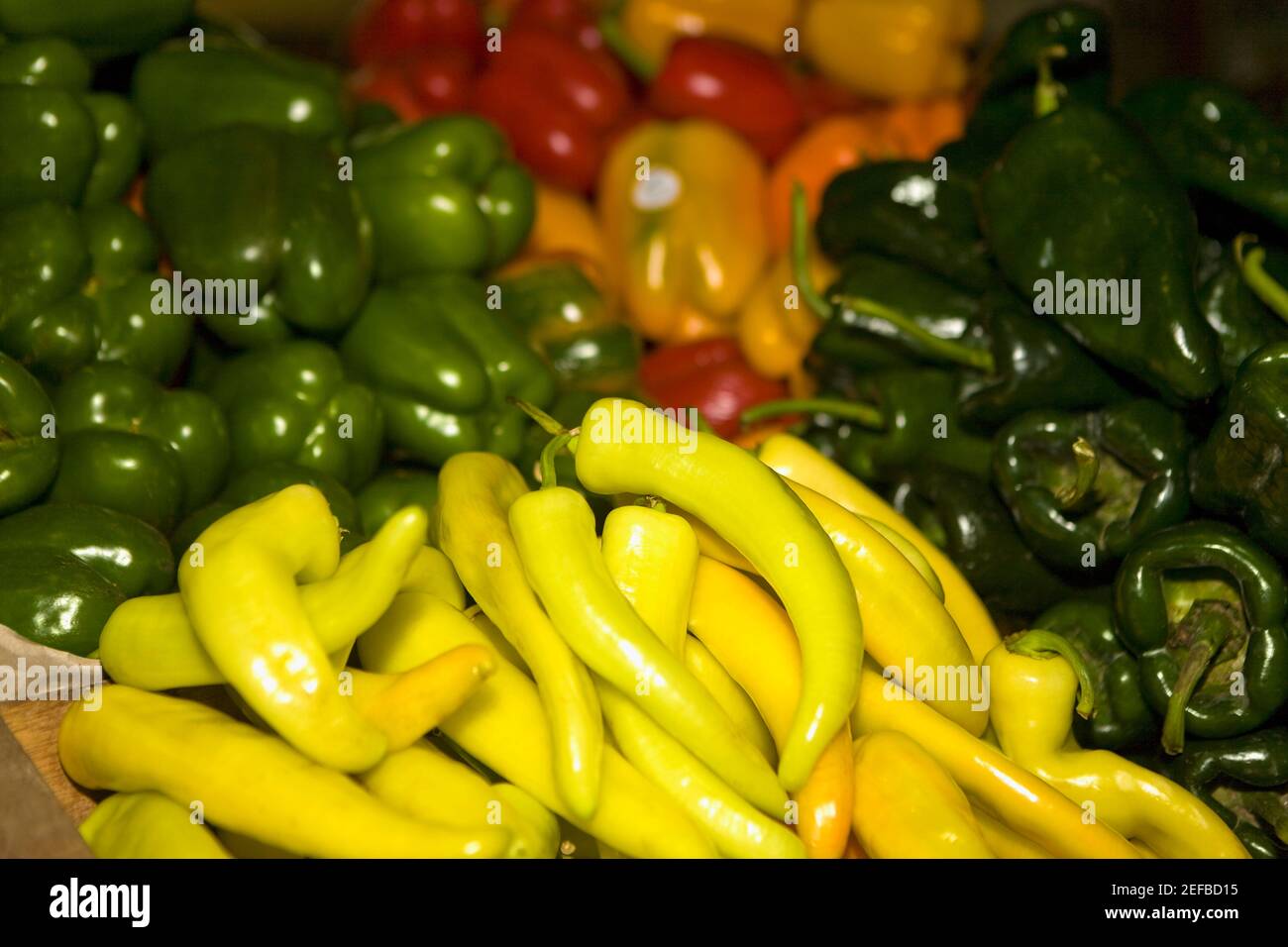 Close up of various type of bell peppers at a market stall, Zacatecas ...