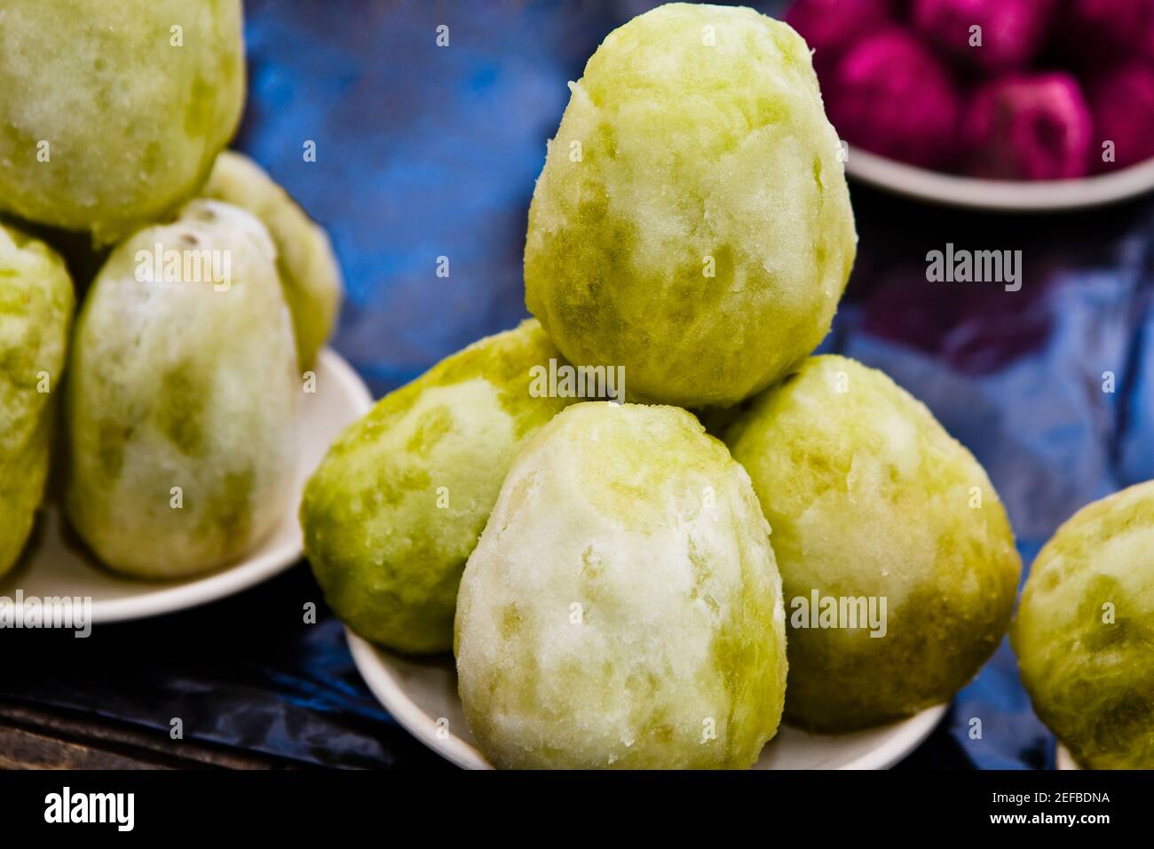 Close up of prickly pears at a market stall, Zacatecas State, Mexico ...