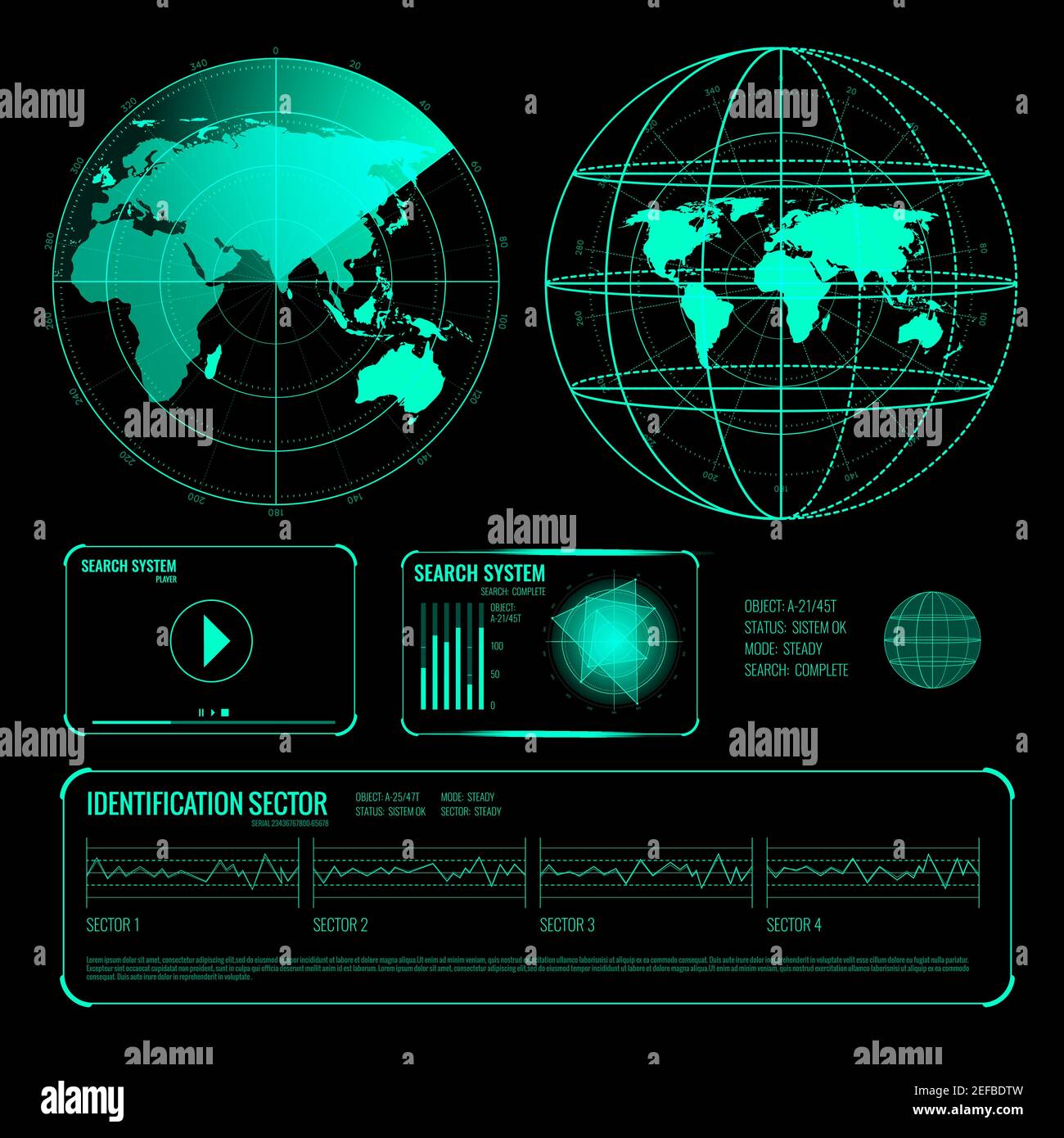 Set of glowing screen elements of search radar in blue color on black ...