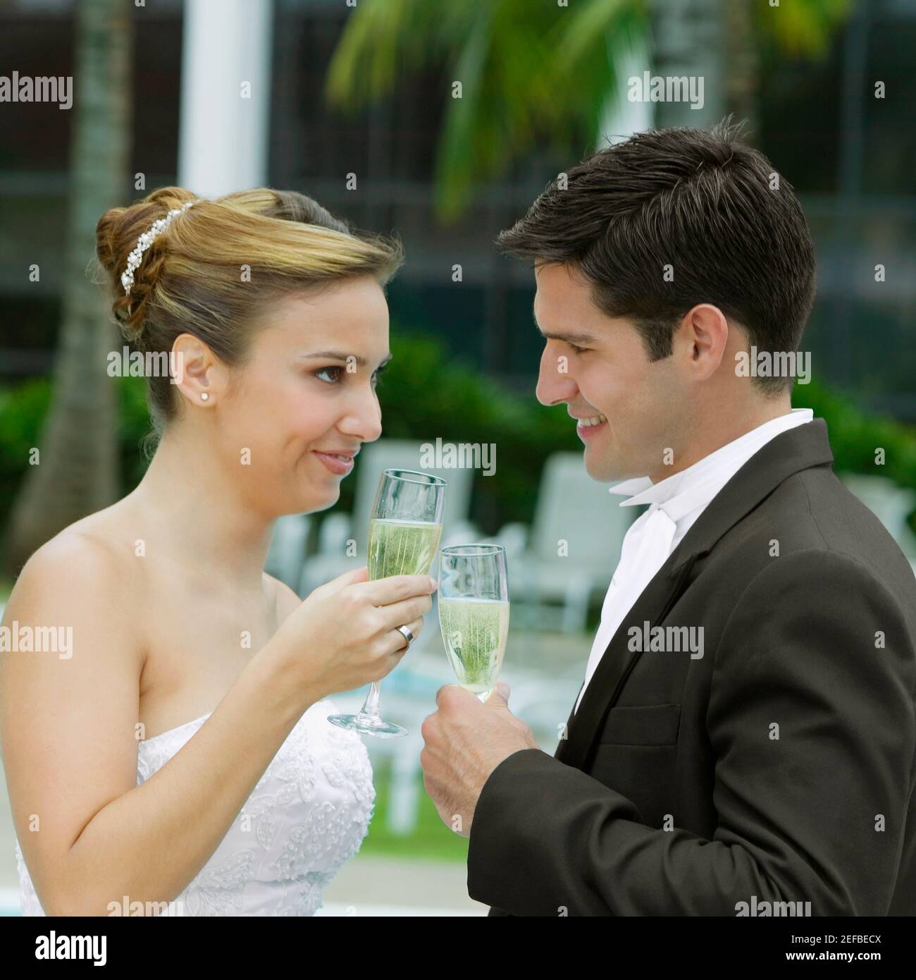 Side profile of a bride and her groom toasting with champagne flutes ...
