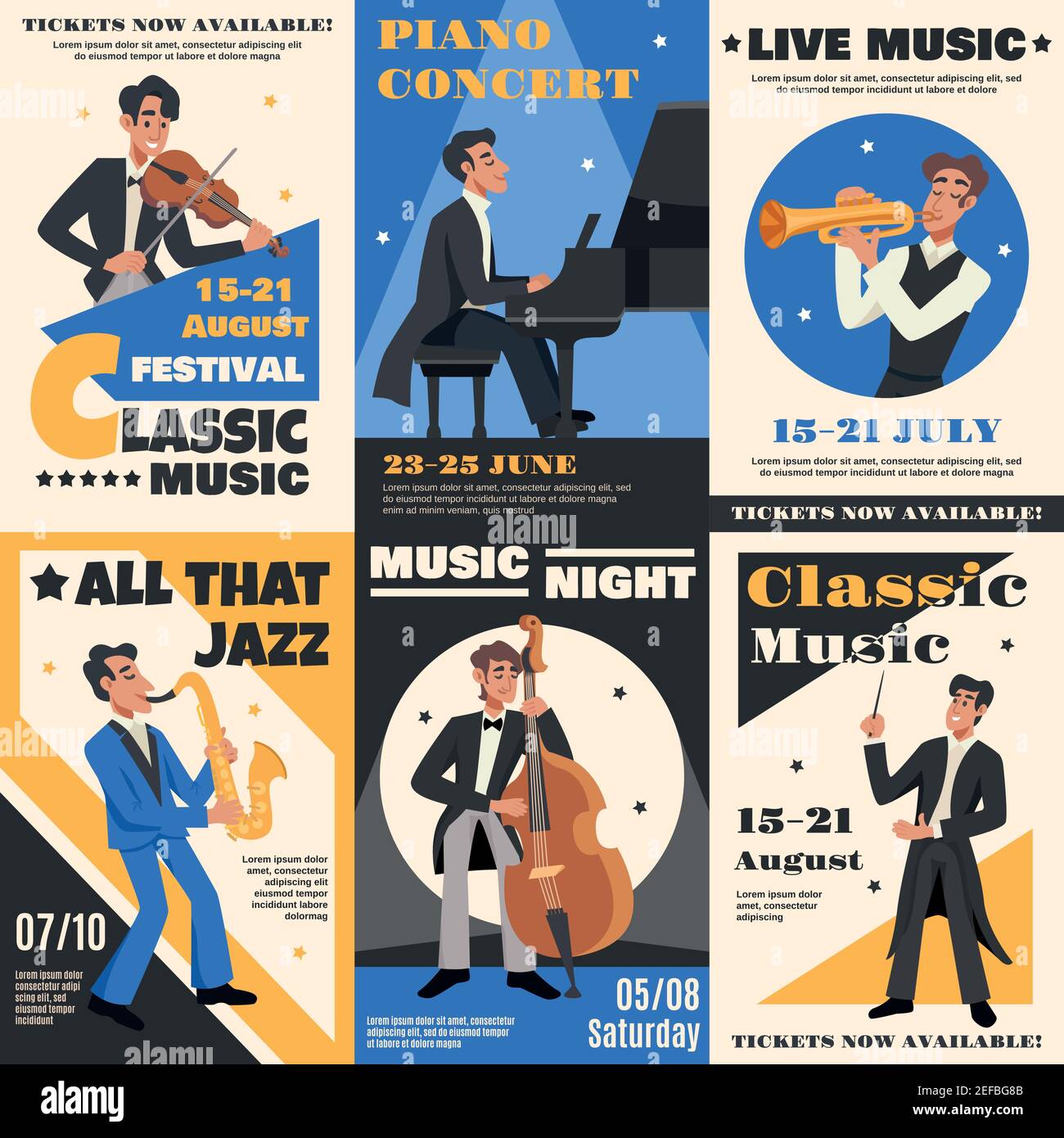 Colored musician poster banner set with classic music festival piano ...